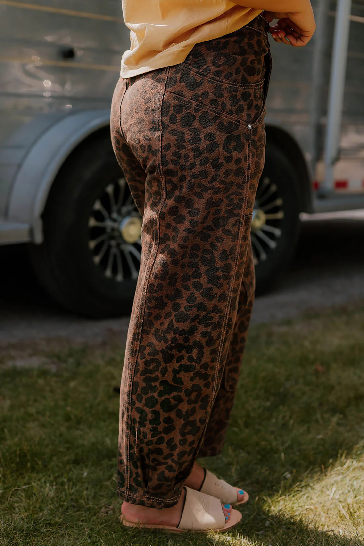 $13.72 Brown Clear Seam Detail Patchwork Leopard Print Barrel Jeans ...