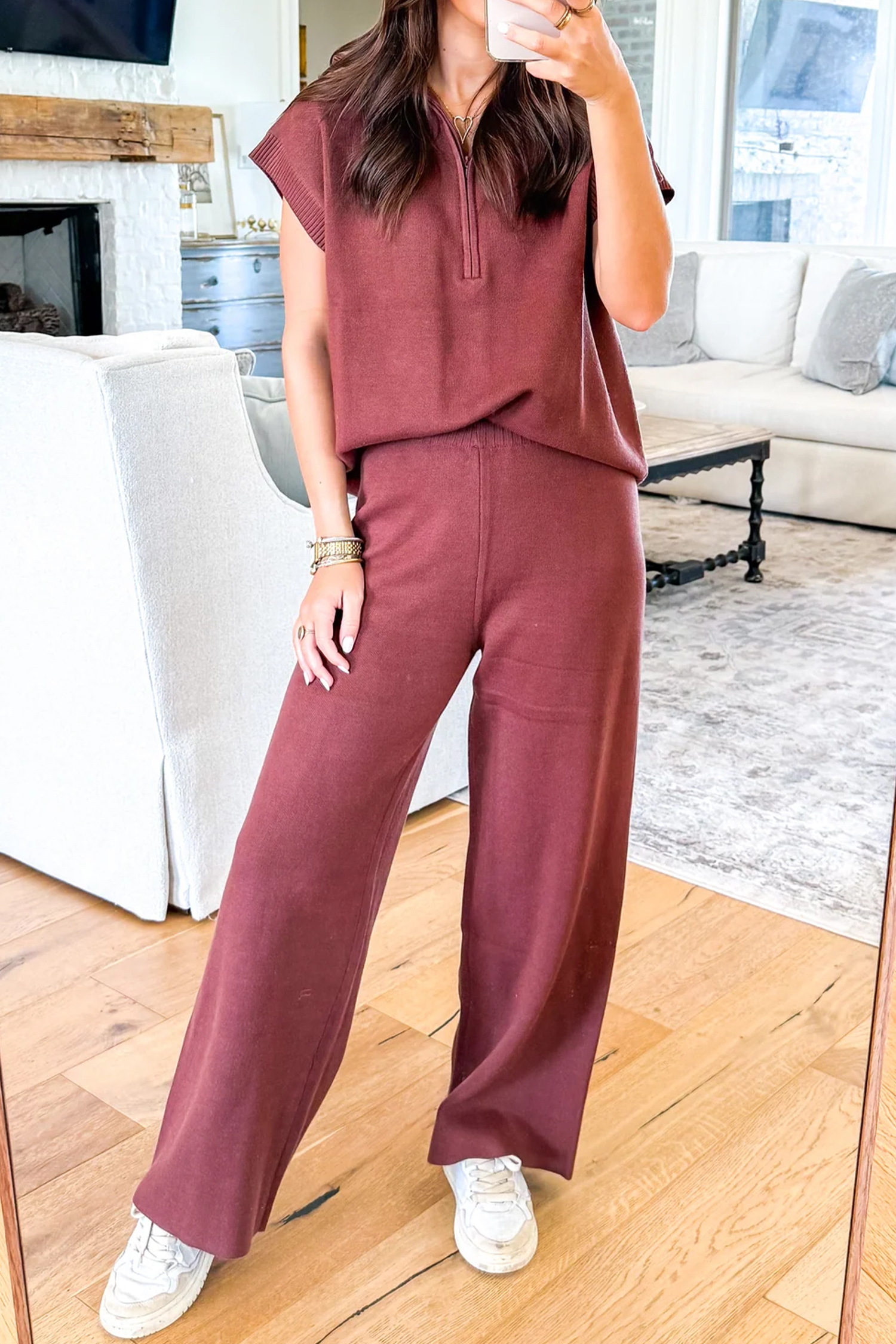 $12.52 Red Sandalwood Zip up Cap Sleeve Top Loose Pants Set Wholesale