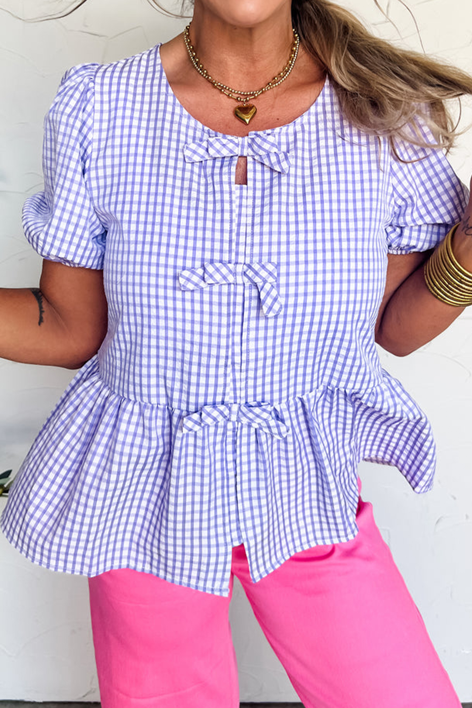 $6.26 Purple Puff Sleeve Bow Decor Peplum Style Plaid Top Wholesale