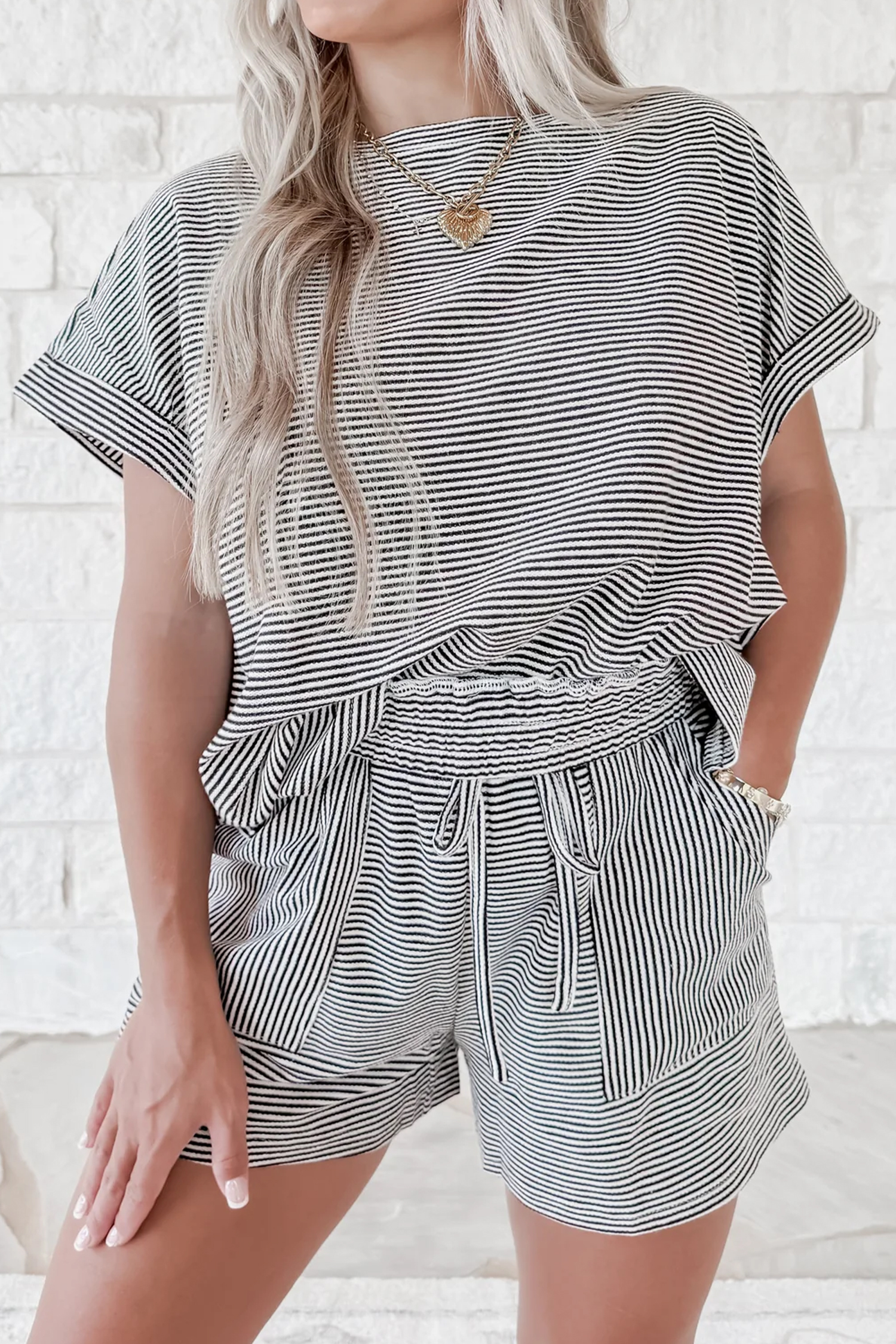 $10.55 Black Stripe Cuffed Loose Tee Drawstring Elastic Waist Shorts ...