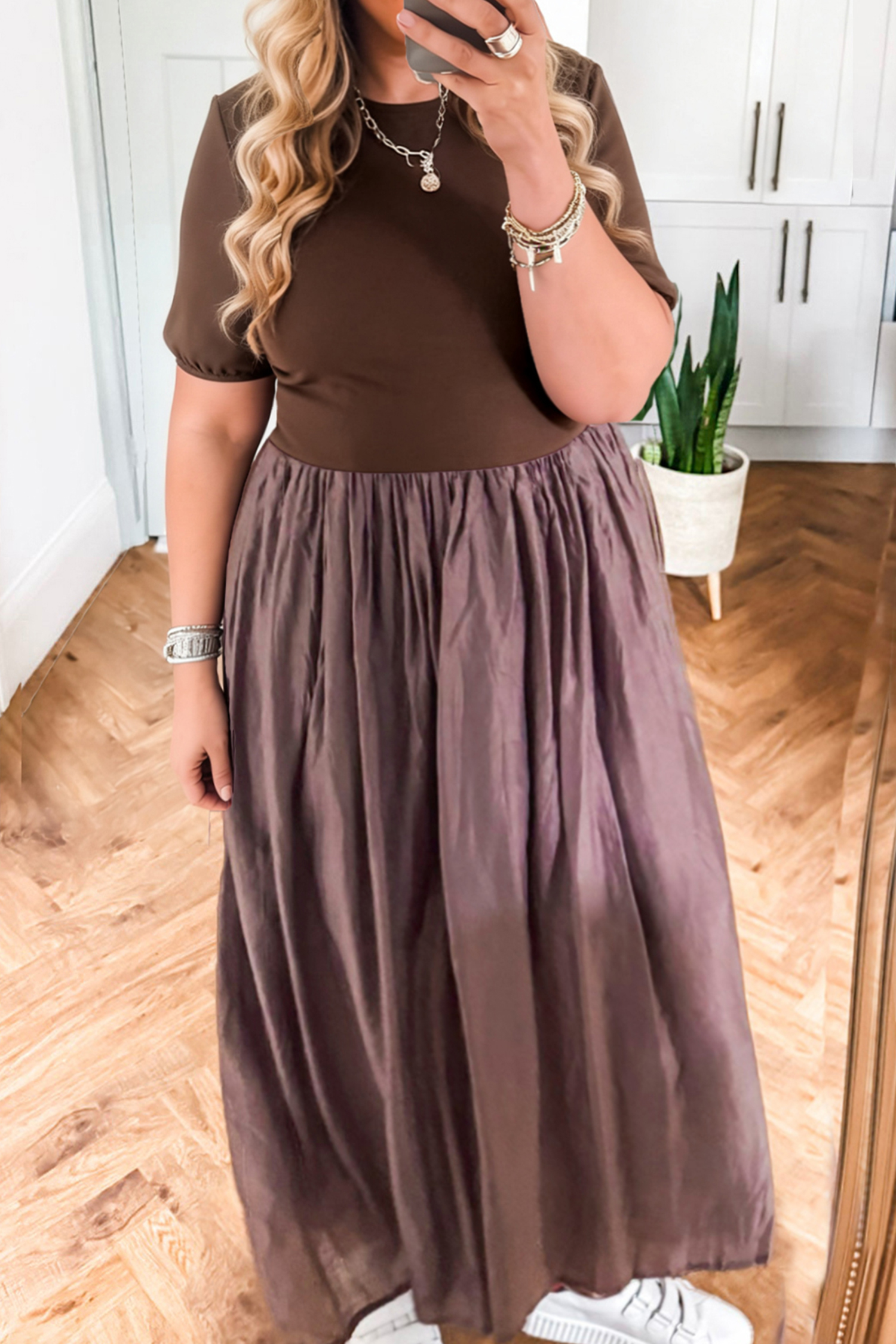 $10.98 Coffee Plus Size Tee Patchwork Silky Pleated Maxi Dress Wholesale