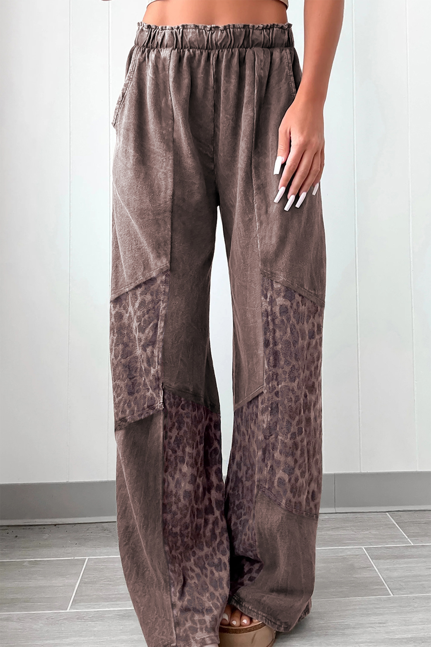 $13.5 Coffee Mineral Wash Leopard Patchwork Loose Pants Wholesale