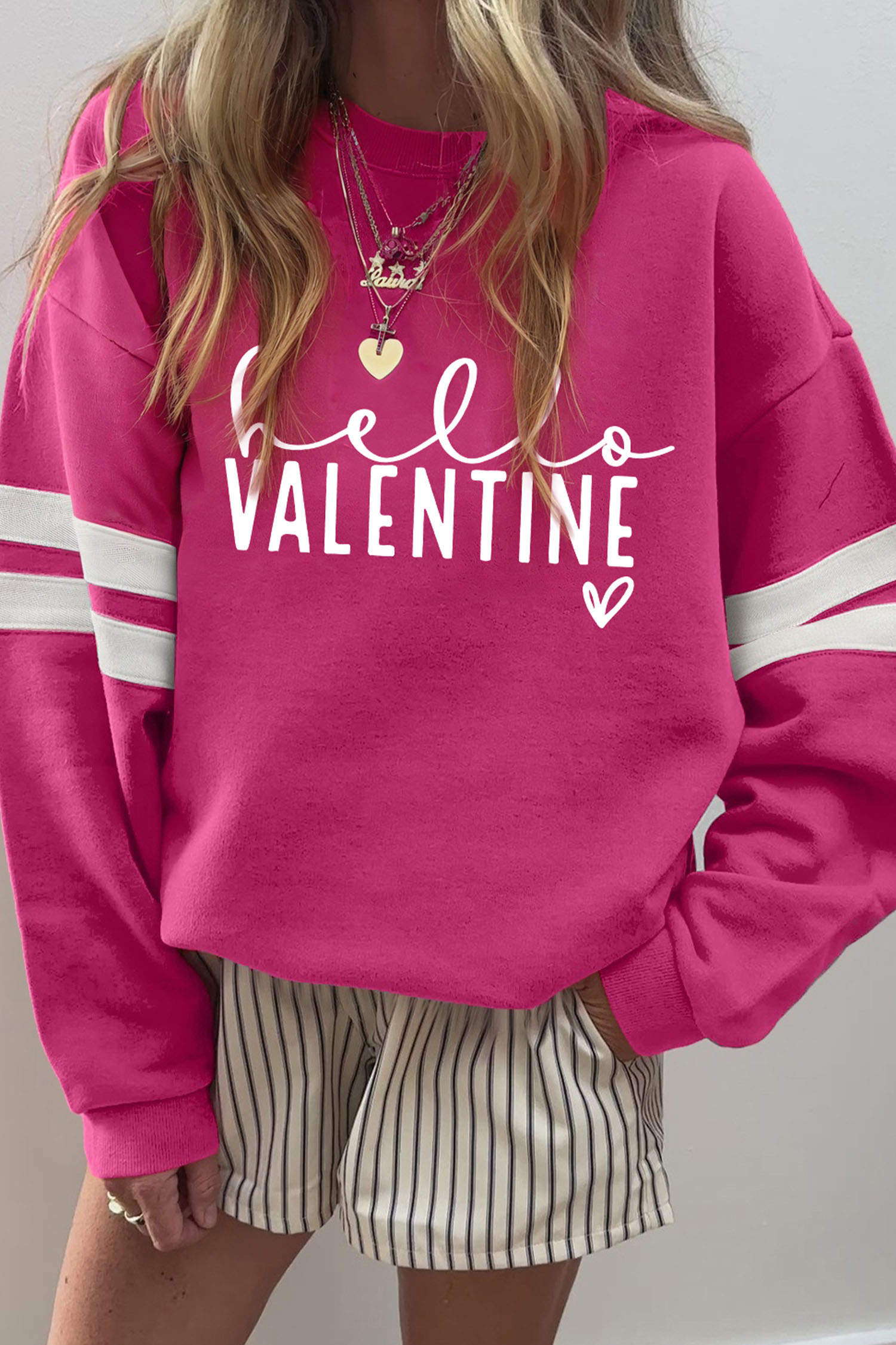 $10.73 Rose Red Hello Valentine Varsity Striped Sleeve Baggy Sweatshirt ...