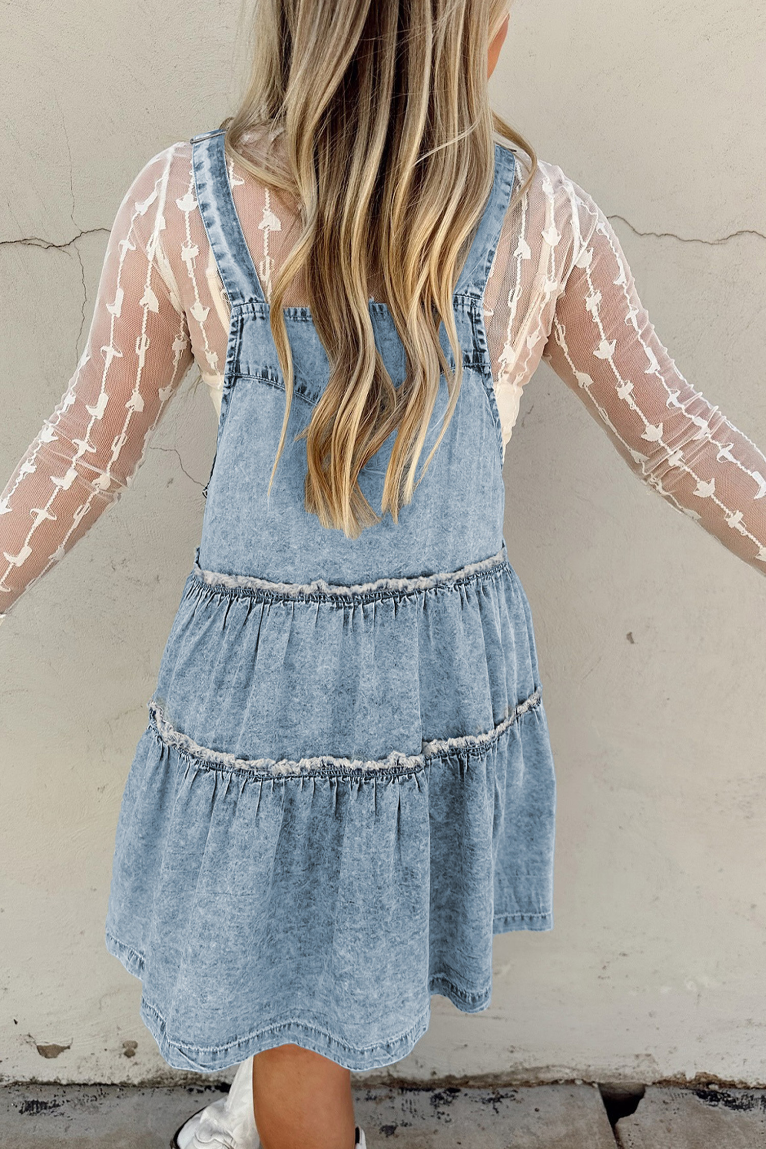 $14.9 Dusk Blue Light Wash Tiered Flowy Overall Denim Dress Wholesale