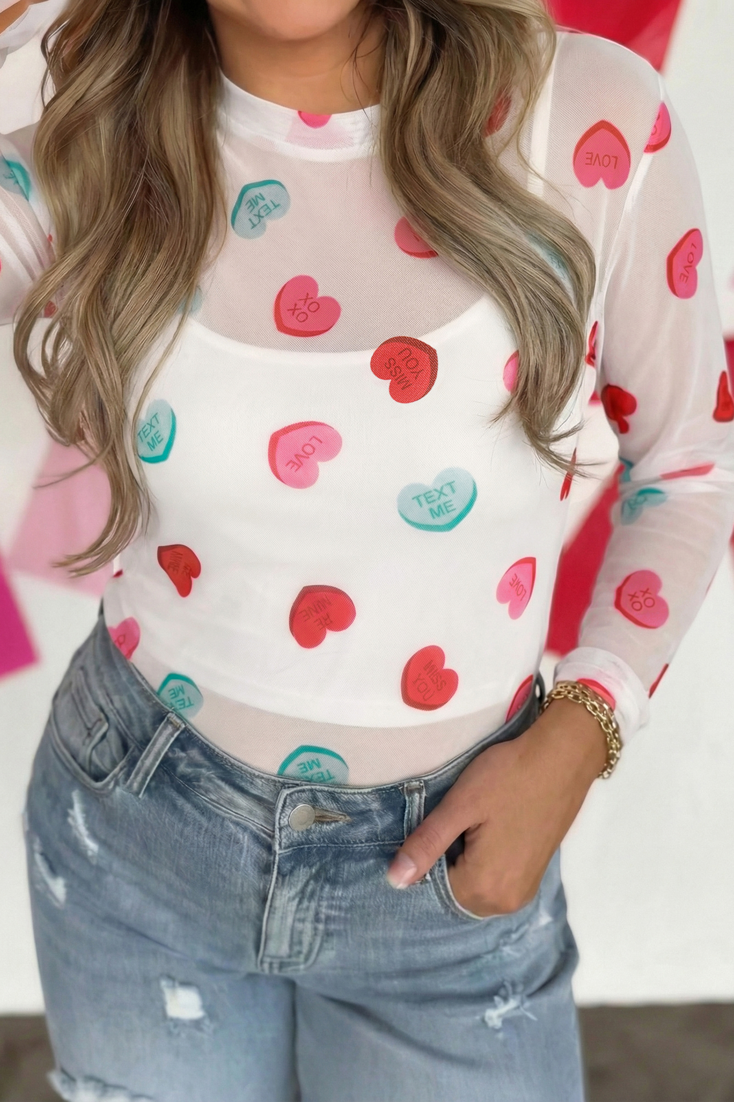 $3.14 White Sheer Mesh Valentines Slogan Heart Printed Long Sleeve Top ...
