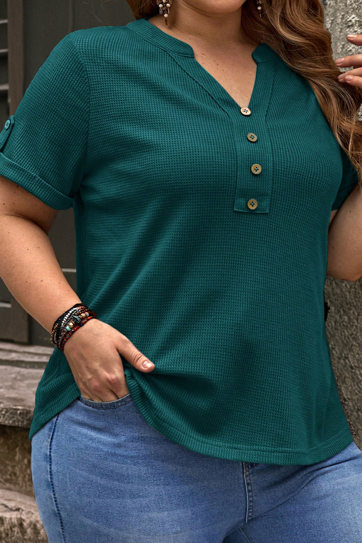 $9.88 Evergreen Plus Size Waffle Texture Button Tab Sleeve Notched Neck ...
