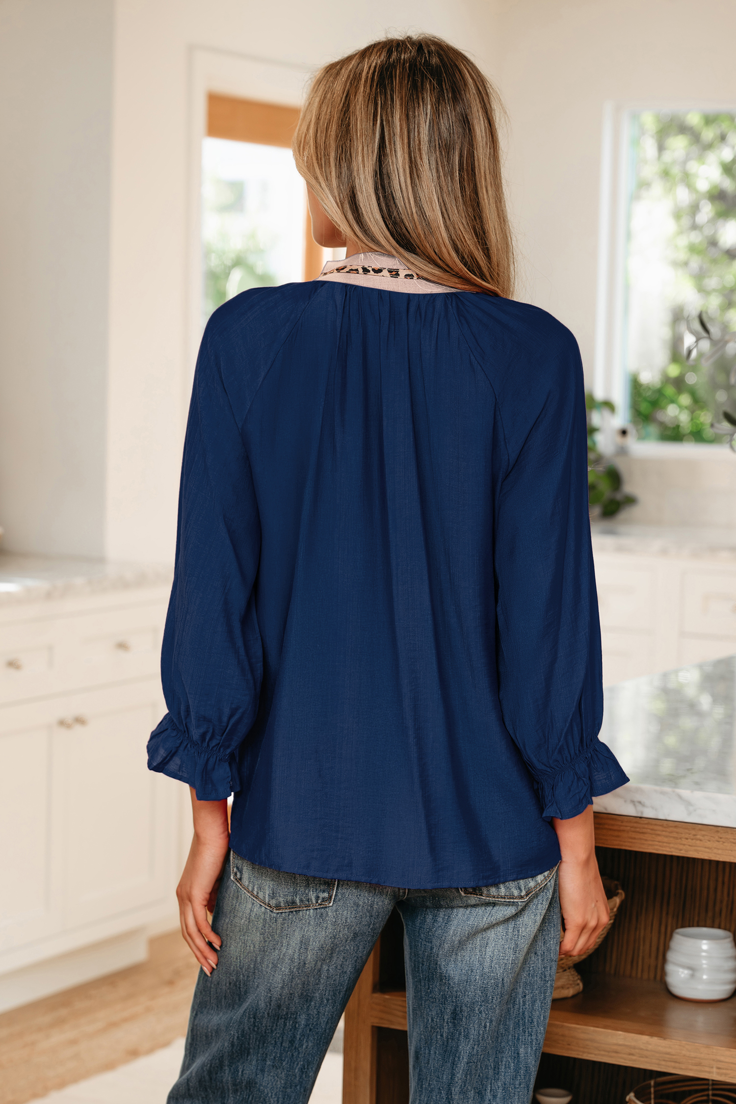 $6.11 Dirty blue Leopard Trim V Neck Flounced Bracelet Sleeve Blouse ...