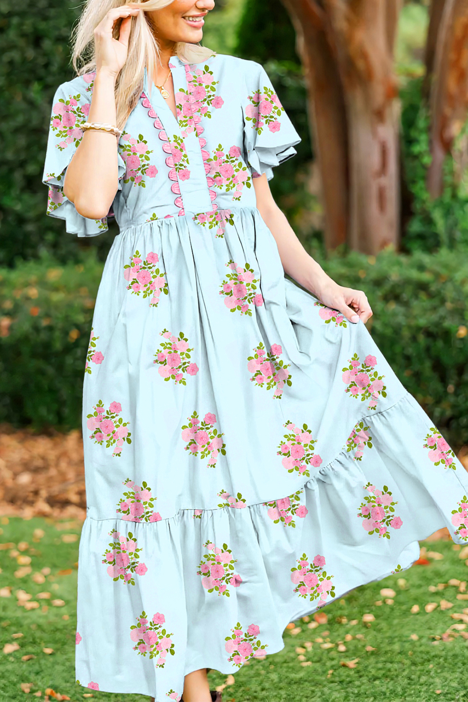 $14.96 Sky Blue Notched Neck Flutter Short Sleeve Floral Print Maxi ...