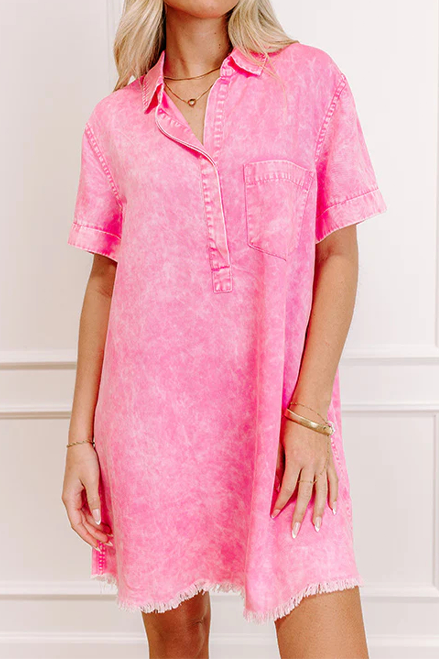 $14.79 Sachet Pink Acid Wash Raw Hem Collared V Neck Short Sleeve Denim ...