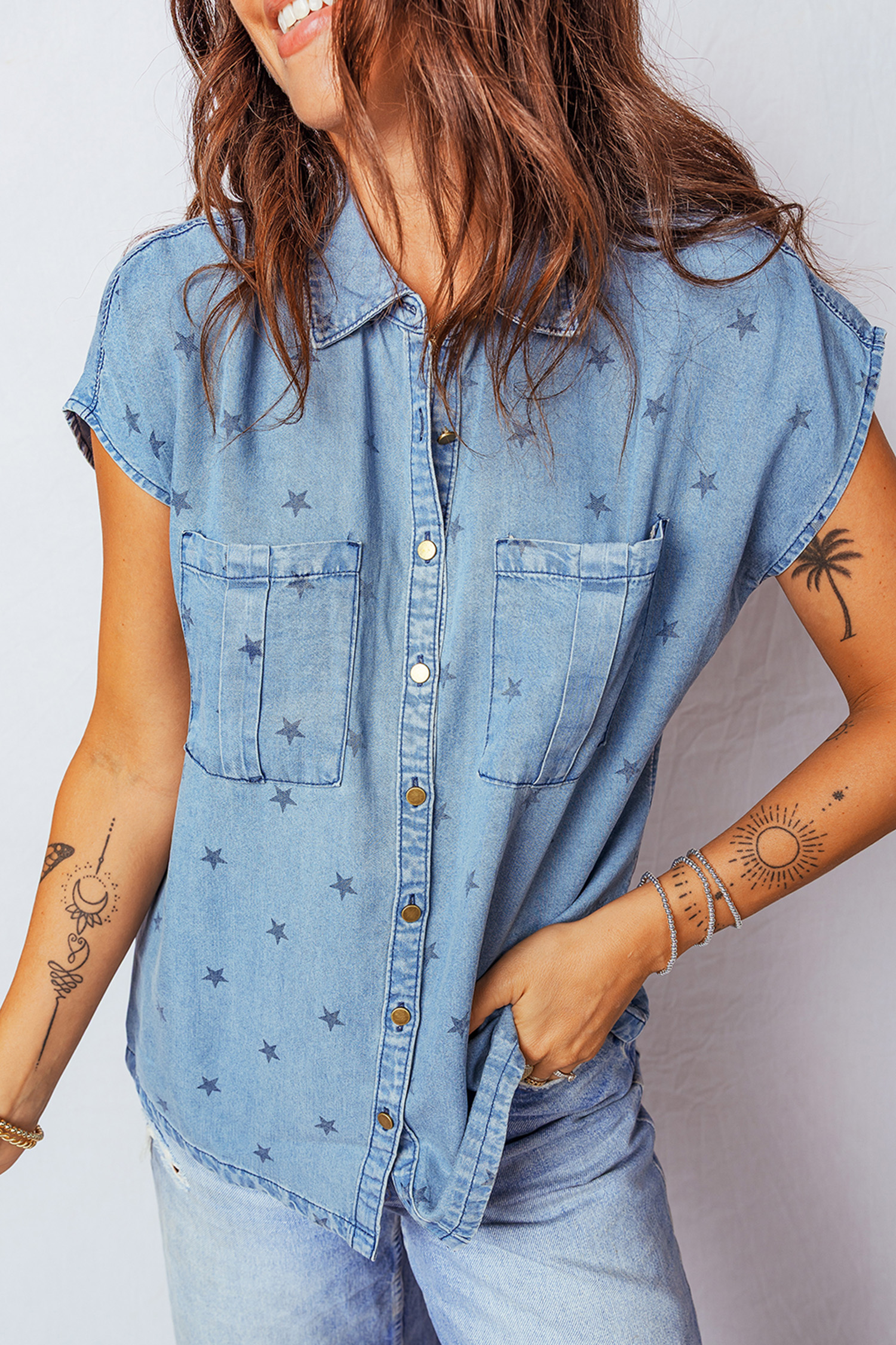 $13.18 Beau Blue Star Allover Print Double Chest Pocket Short Sleeve ...