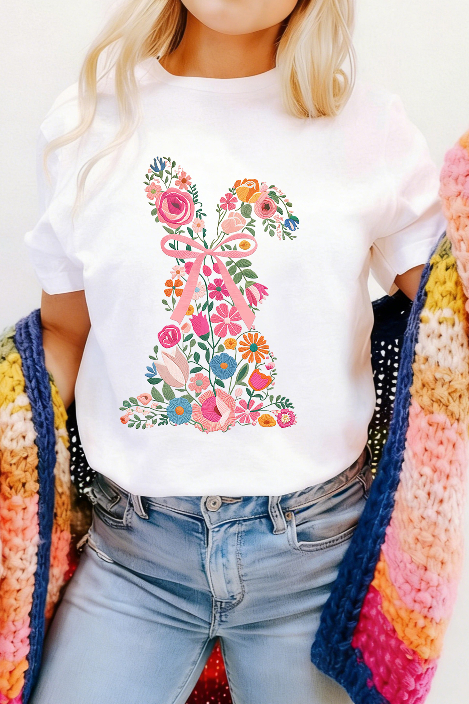 $5.83 White Floral Easter Bunny Casual Graphic Tee Wholesale