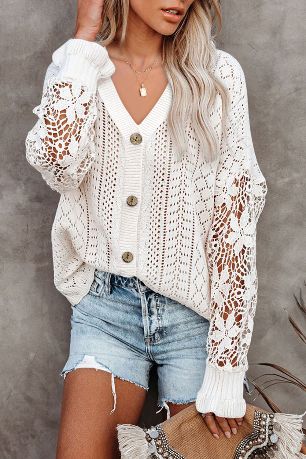 18 75 White Lace Crochet Hollow Out Knit Buttoned Sweater Ds Dear