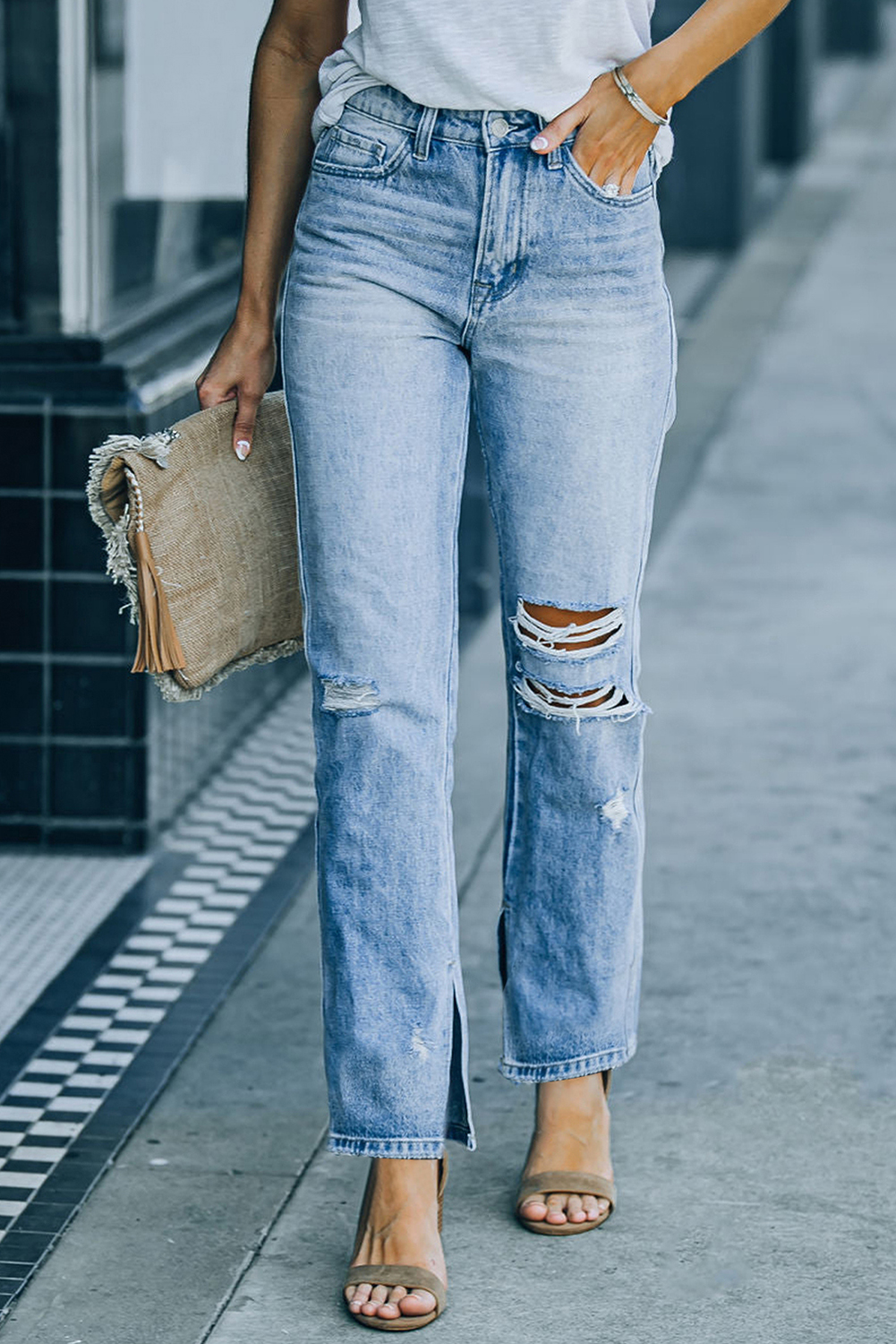 $ 18.15 - Sky Blue Side Splits Ripped Straight Leg High Waist Jeans - ds.dear-lover.com