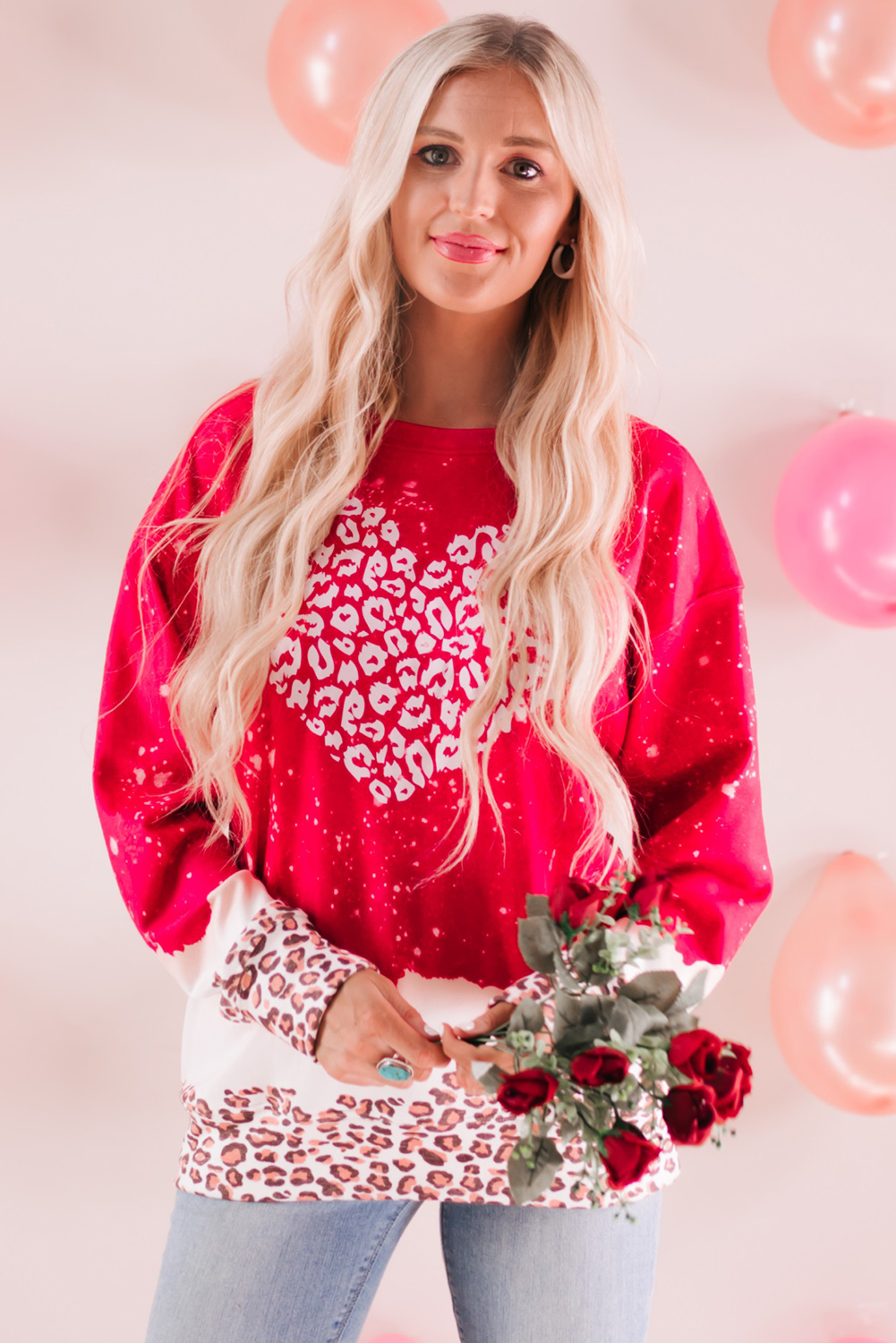 $ 11.4 - Fiery Red Leopard Bleached Heart Graphic Pullover Sweatshirt ...