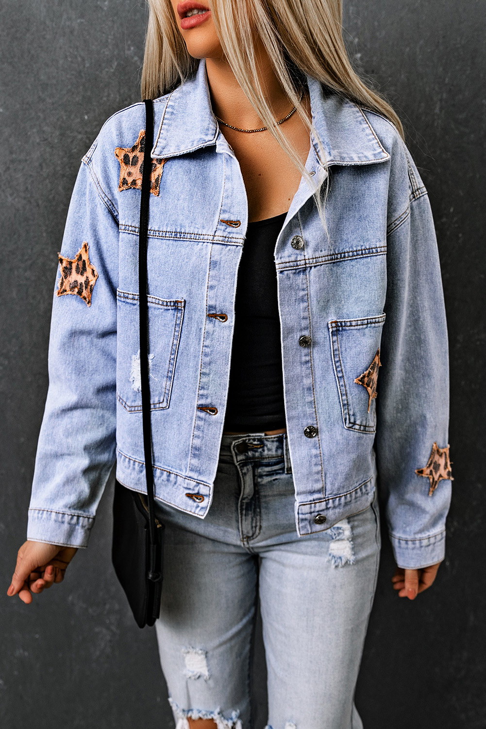 $ 24.9 - Sky Blue Leopard Star Distressed Cropped Denim Jacket - ds ...