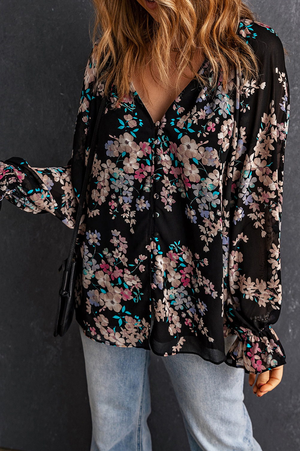 $ 13.05 - Black Wildflower Print Chiffon Blouse - ds.dear-lover.com