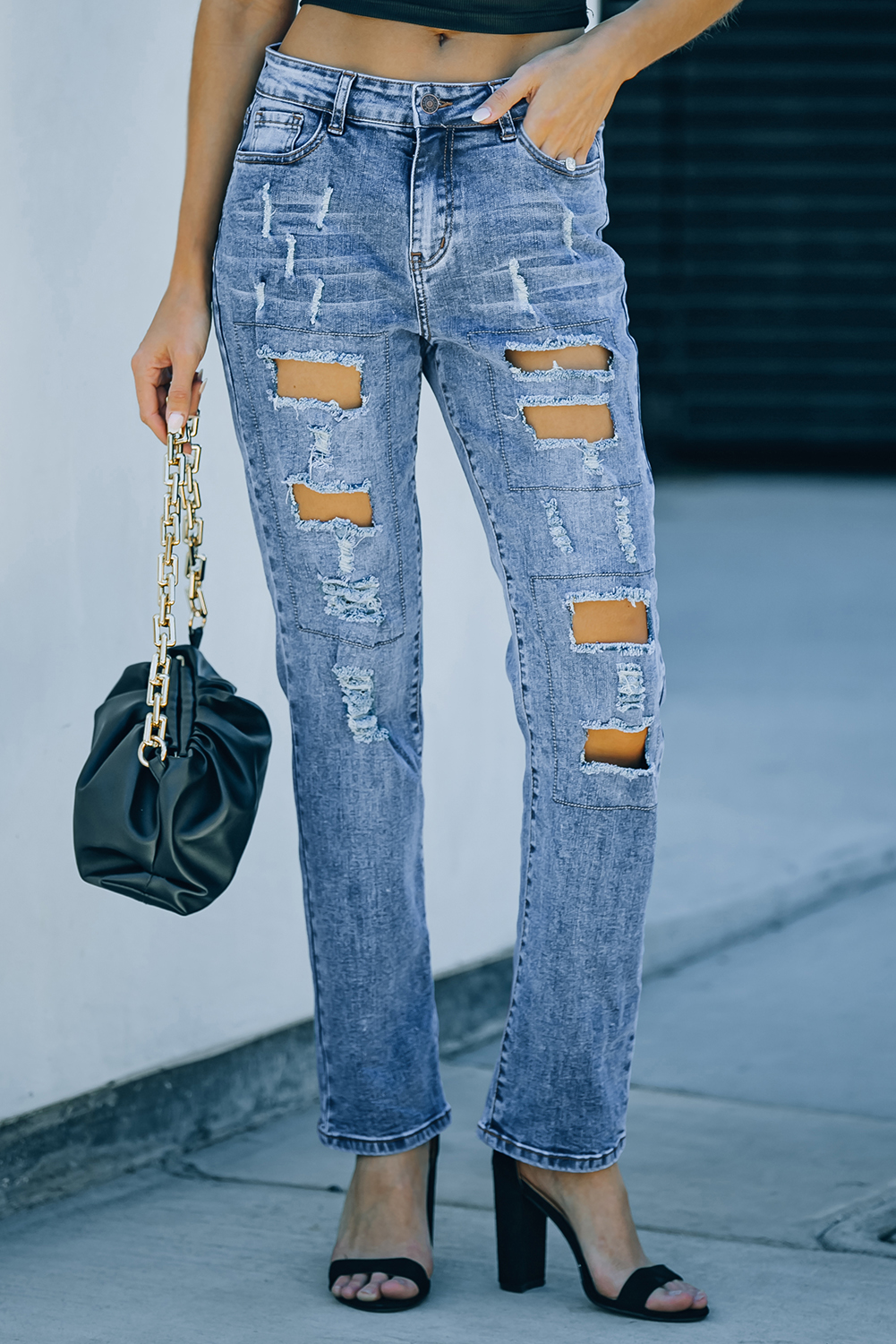 $ 18 - Sky Blue Buttoned Pockets Distressed Jeans - ds.dear-lover.com