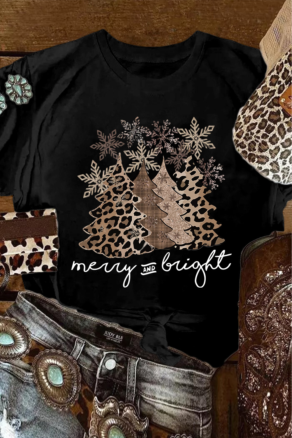 $ 8.93 - Black Leopard Christmas Tree Graphic Crew Neck T Shirt - ds ...