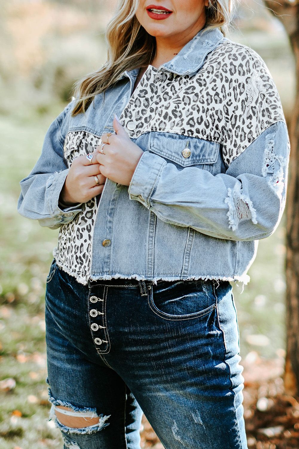 $ 22.95 - Blue Plus Size Leopard Ripped Cropped Denim Jacket - ds.dear ...