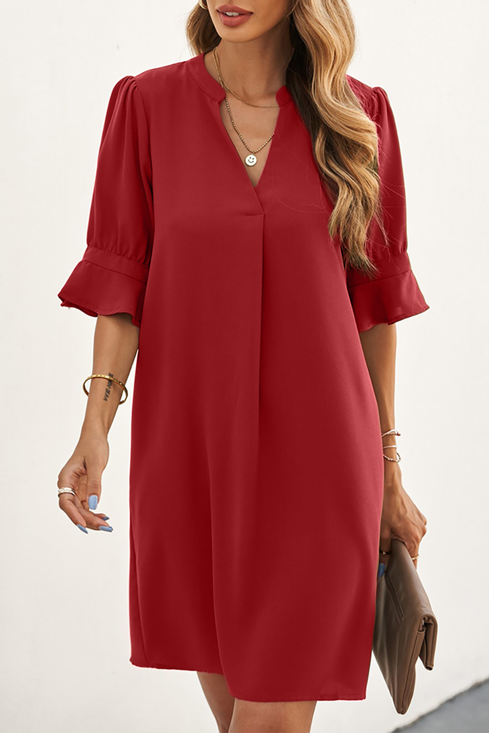 $ 9.6 - Fiery Red Ruffled Sleeve Shift Dress - ds.dear-lover.com