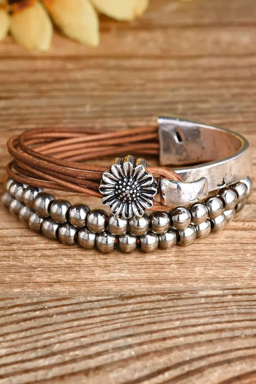 $ 4.47 - Brown Daisy Beading Alloy Multilayer Bracelet - ds.dear-lover.com