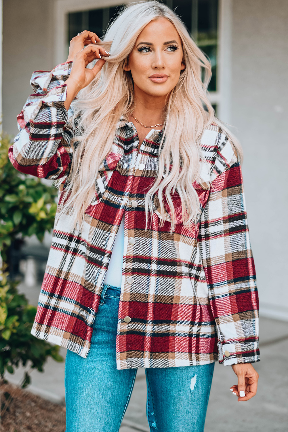Women's Shacket - Geometric Plaid Print Pocketed Shirt