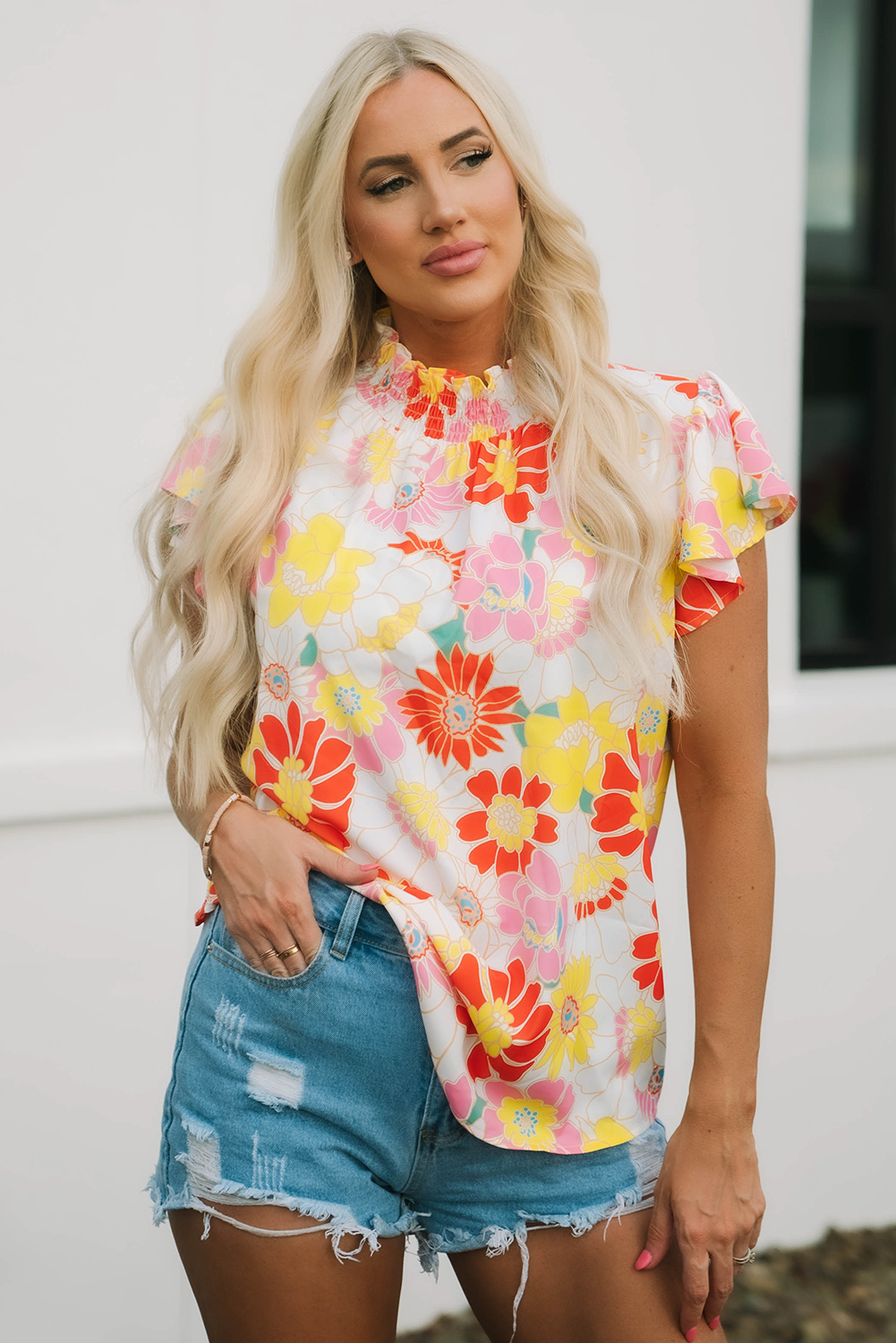 $ 7.8 - Multicolor Stand Collar Flutter Sleeves Floral Top - ds.dear ...