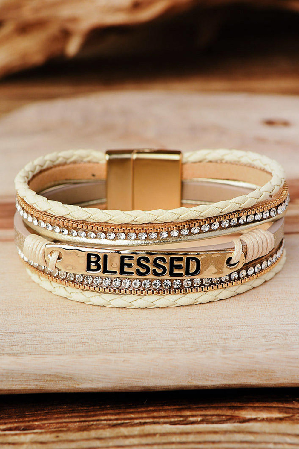 $ 2.64 - Beige BLESSED Rhinestone Braided Detail Buckle Bracelet - ds.dear-lover.com