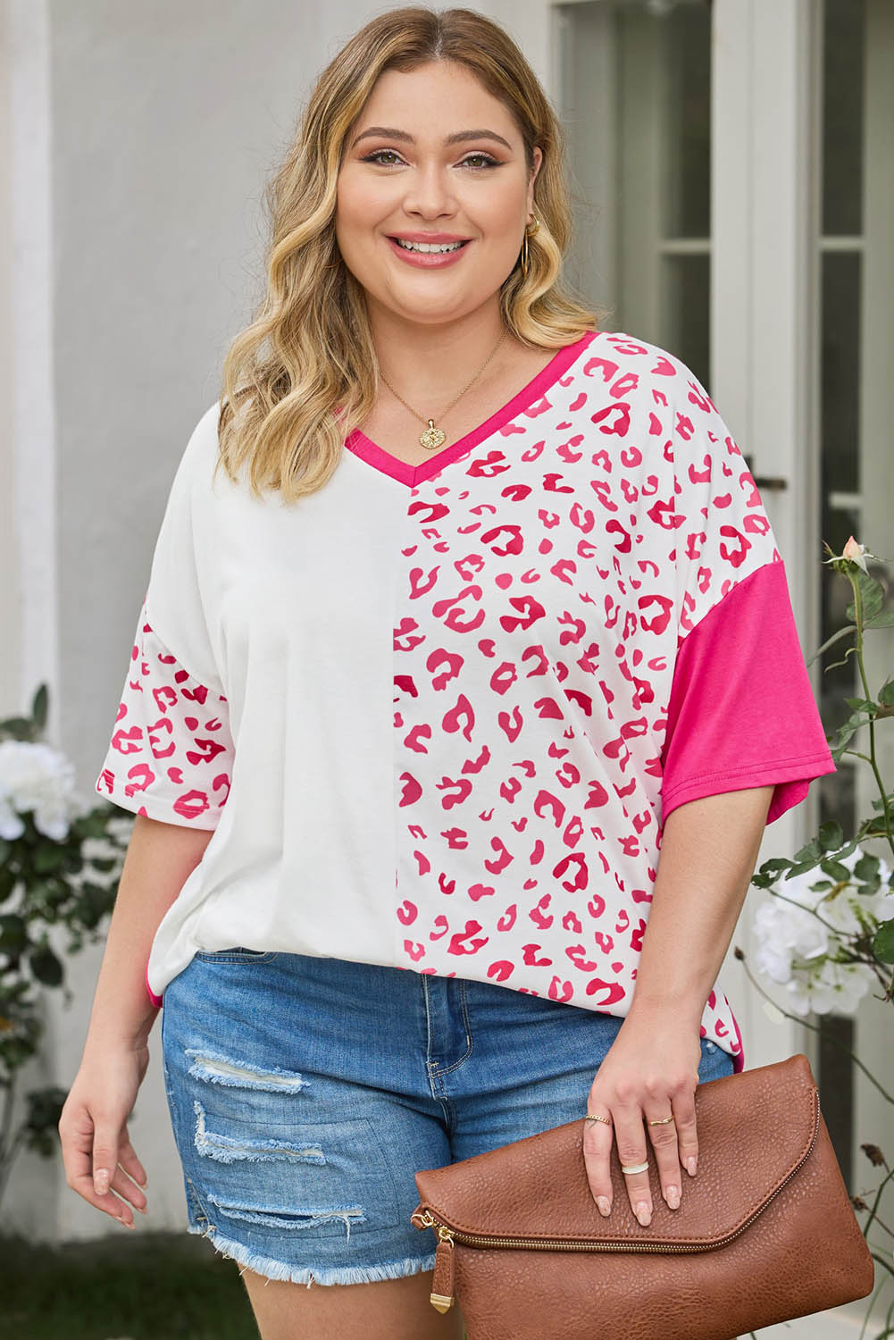 $ 6.6 - Rose Plus Size Leopard Patchwork Short Sleeve Top - ds.dear ...