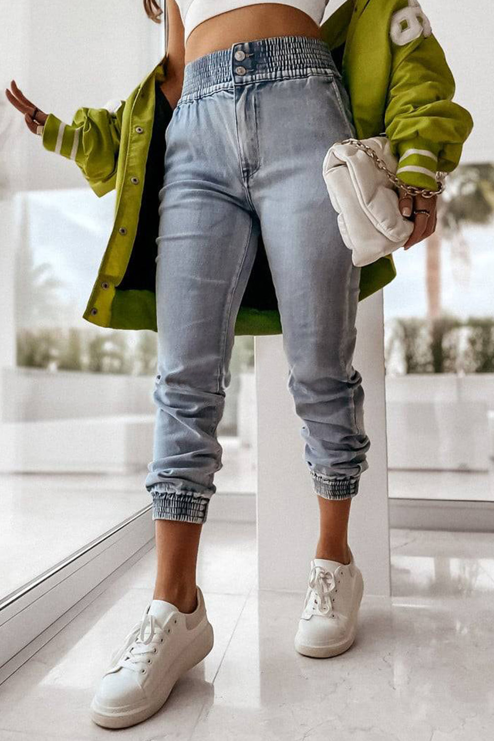 $ 19.95 - Sky Blue Shirred Buttoned High Waist Denim Joggers - ds.dear ...