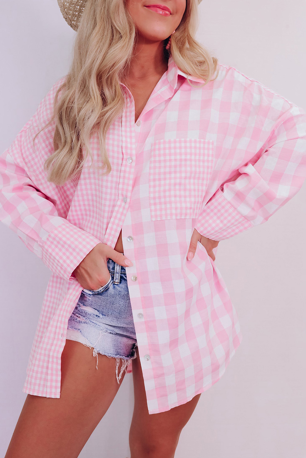 $ 14.7 - Pink Mix Checked Patchwork Long Sleeve Shirt - ds.dear-lover.com