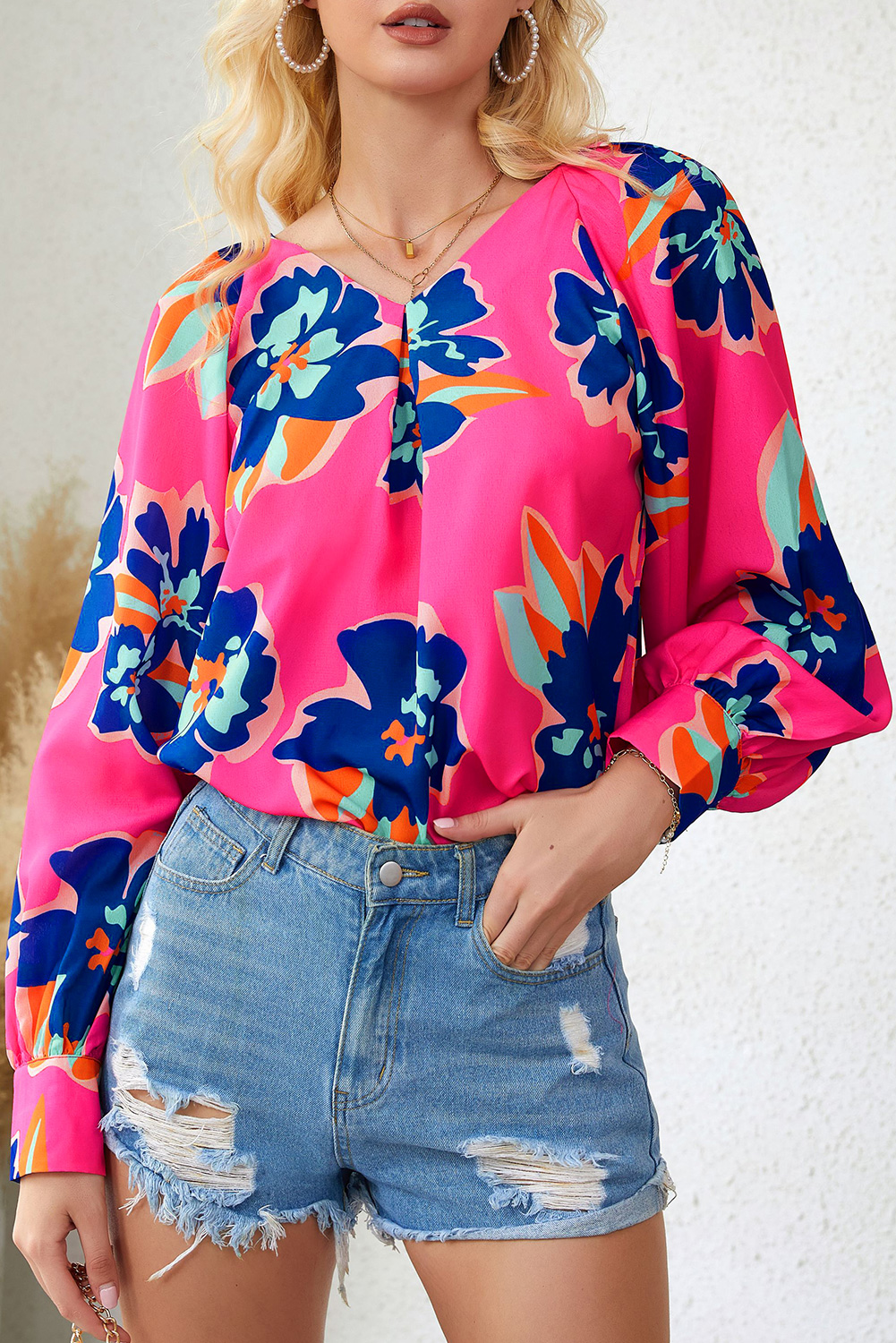 $ 10.47 - Rose Flower Print Puff Sleeve Blouse - ds.dear-lover.com