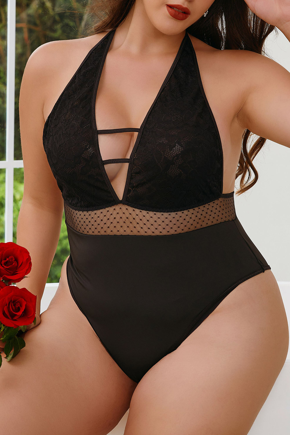 5 97 Black Dotty Mesh Floral Lace Plus Size Teddy Lingerie Ds