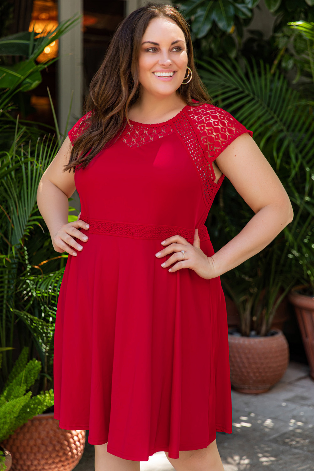 $ 21.35 - Fiery Red Plus Size Lace Yoke Splice Fit-and-flare Curvy ...