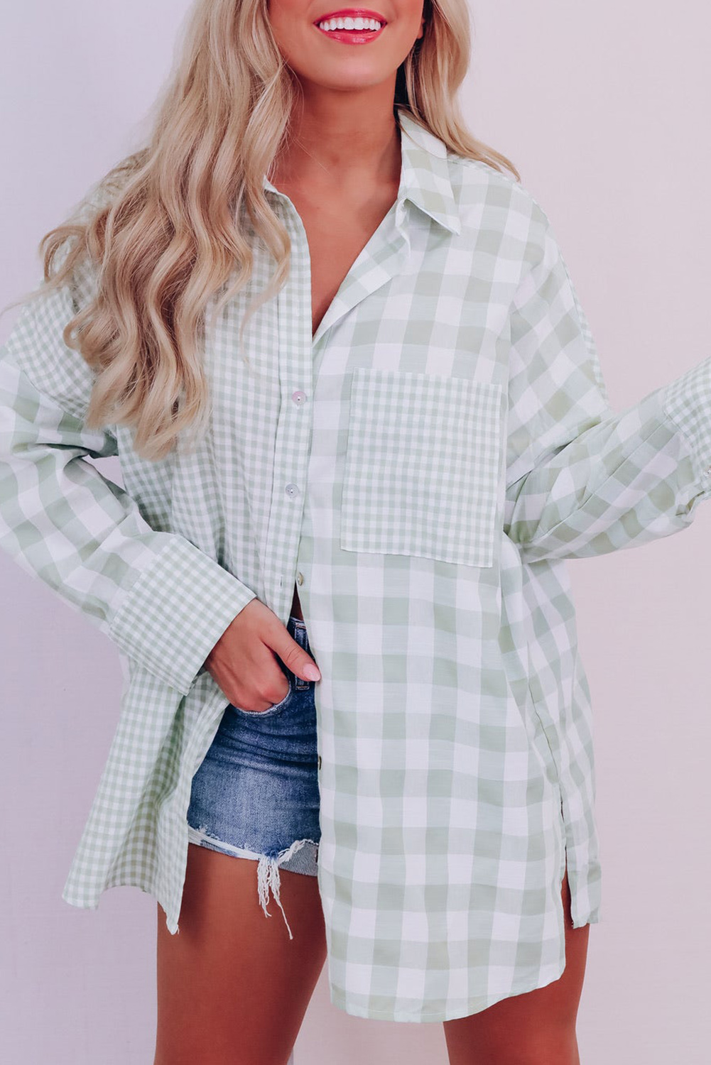 $ 14.7 - Green Mix Checked Patchwork Long Sleeve Shirt - ds.dear-lover.com