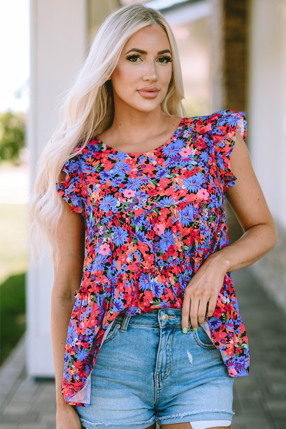 $ 10.47 - Multicolor Floral Print Ruffle Tiered Short Sleeve Babydoll ...