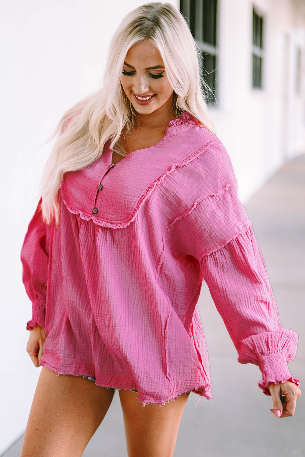$ 17.55 - Pink Retro Frilled Seam Crinkle Puff Sleeve Blouse - ds.dear ...