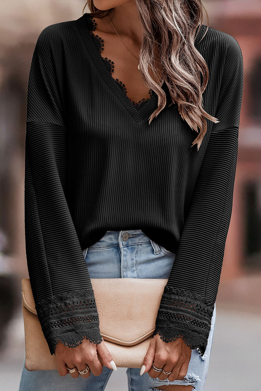 $ 7.8 - Black Ribbed Texture Lace Trim V Neck Long Sleeve Top - ds.dear ...