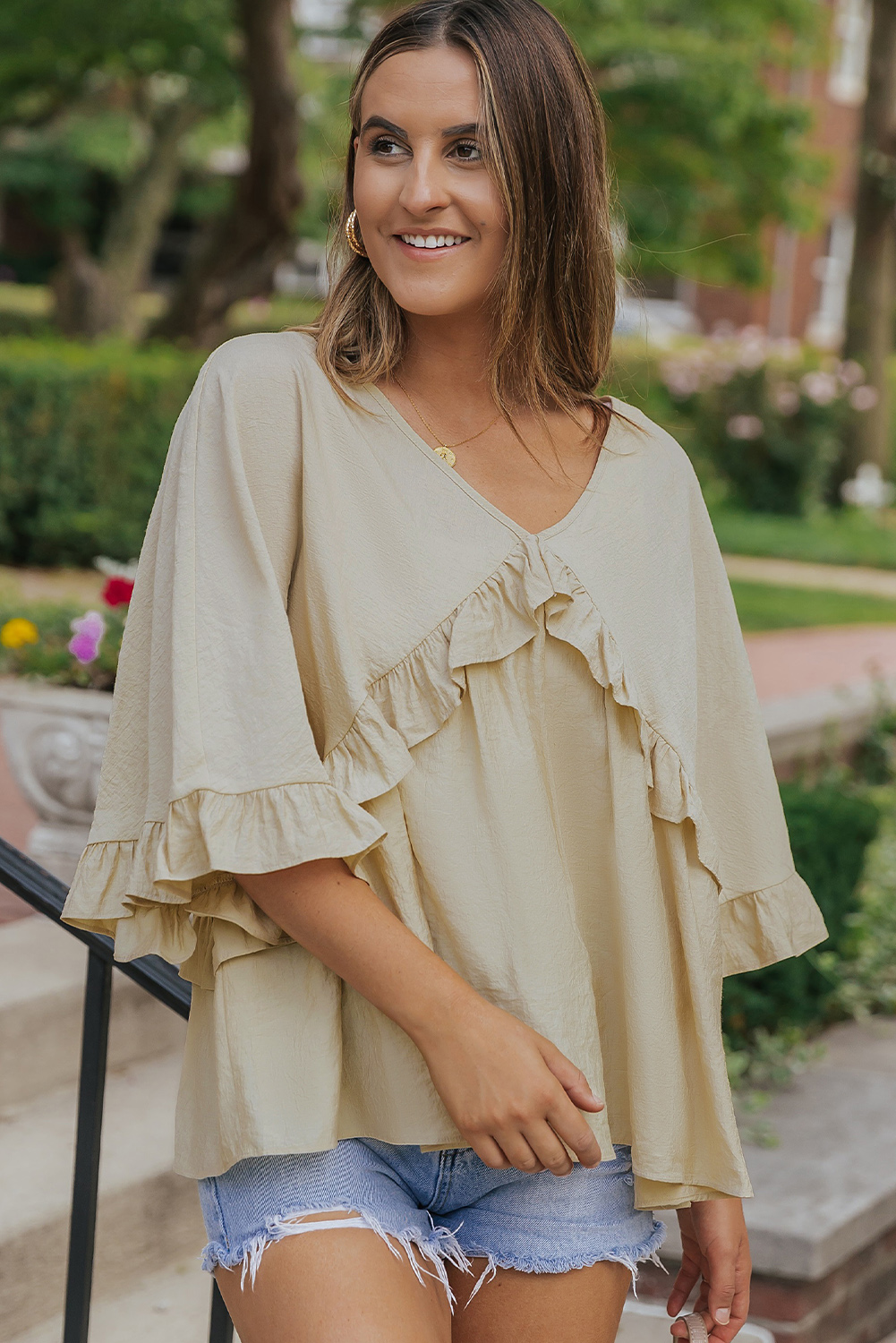 $ 10.8 - Apricot V Neck Draped Batwing Sleeve Ruffle Blouse - ds.dear ...