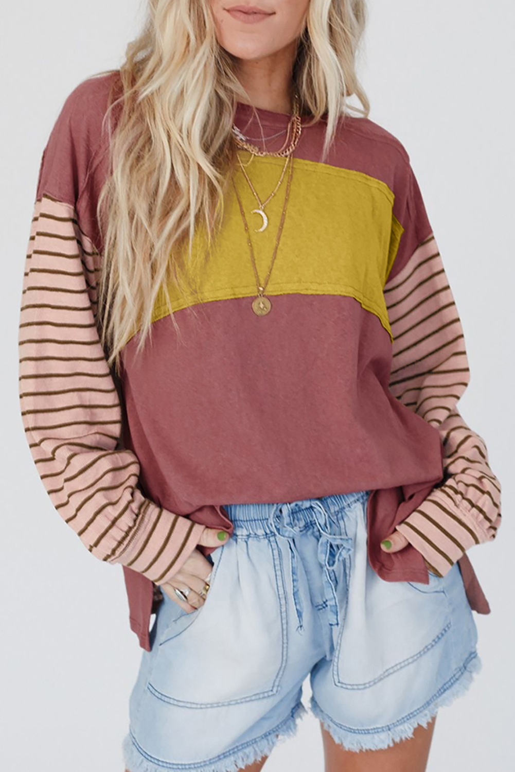 $ 9.44 - Fiery Red Colorblock Striped Bishop Sleeve Top - ds.dear-lover.com