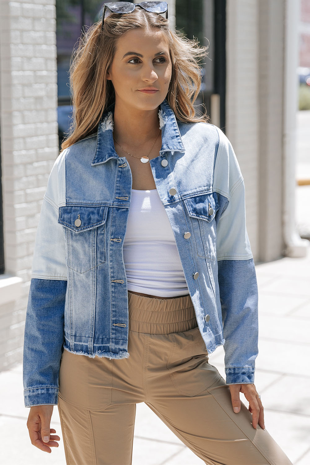 $ 21.6 - Sky Blue Color Block Denim Patchwork Frayed Hem Jacket - ds ...