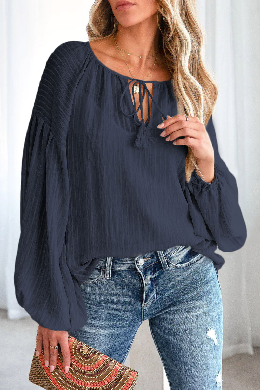 $ 11.97 - Blue Lantern Sleeve Stripe Tassel Drawstring Blouse - ds.dear ...