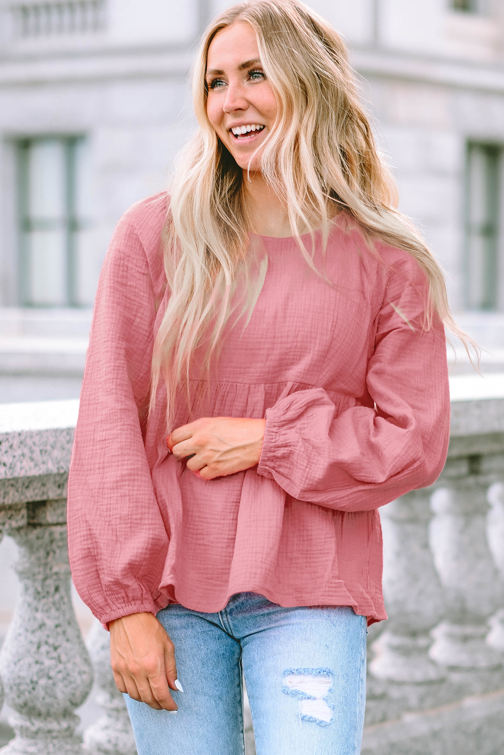 $ 11.85 - Pink Bubble Sleeve Textured Flowy Blouse - ds.dear-lover.com