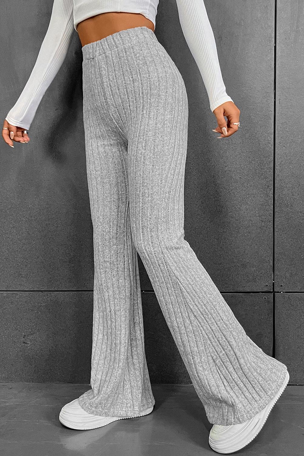 $ 7.38 - Gray Solid Color High Waist Ribbed Flare Pants - ds.dear-lover.com