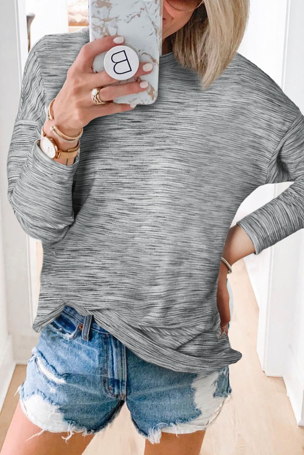 $ 5.93 - Stripe Heathered Drop Shoulder Long Sleeve Top - ds.dear-lover.com