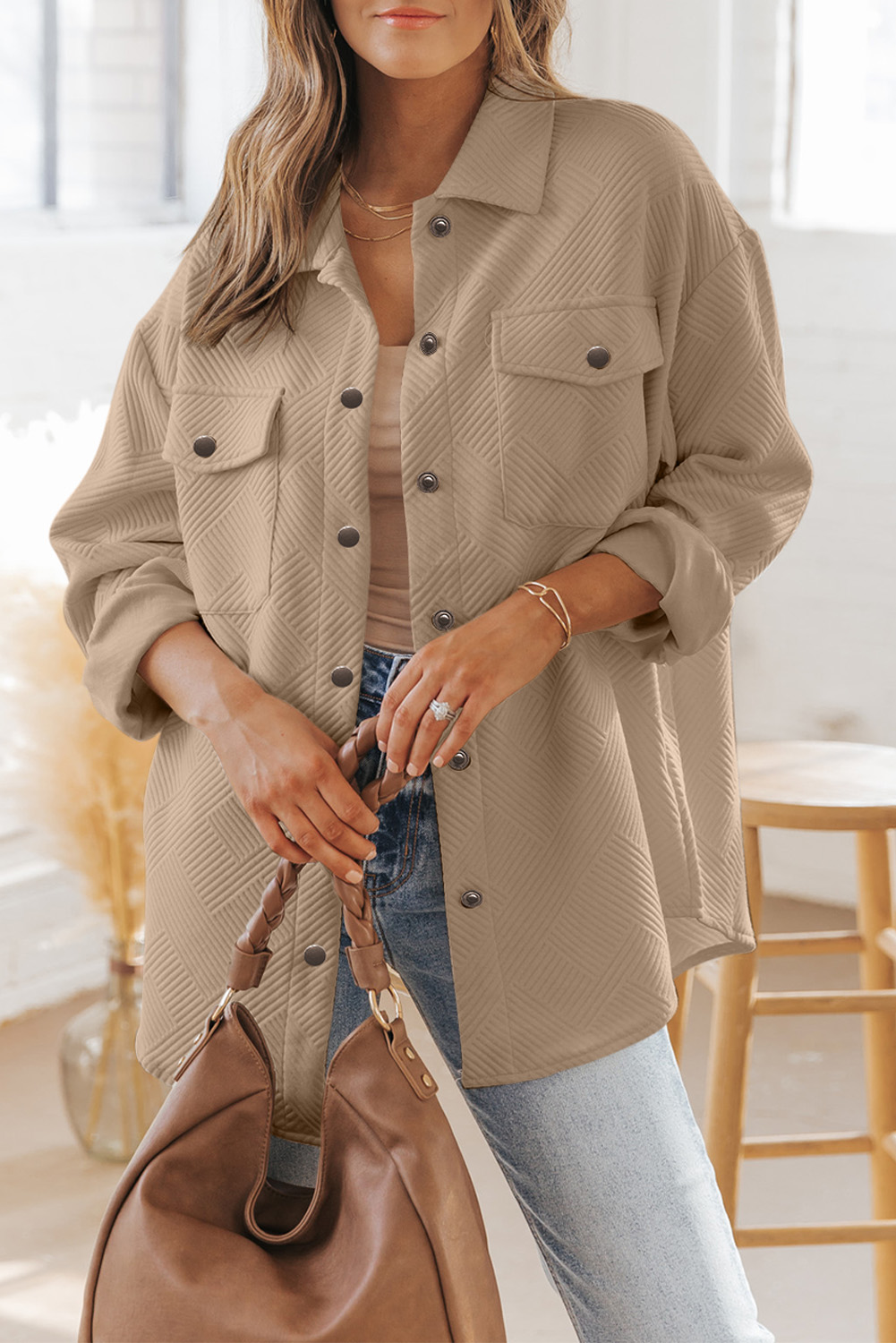 $ 14.97 - Khaki Solid Textured Flap Pocket Buttoned Shacket - ds.dear-lover.com