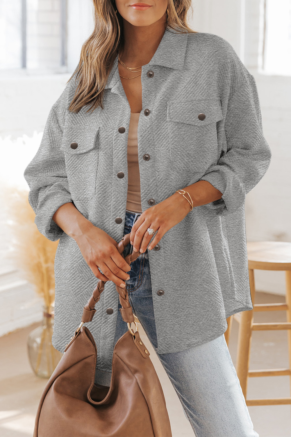 $ 14.97 - Gray Solid Textured Flap Pocket Buttoned Shacket - ds.dear-lover.com