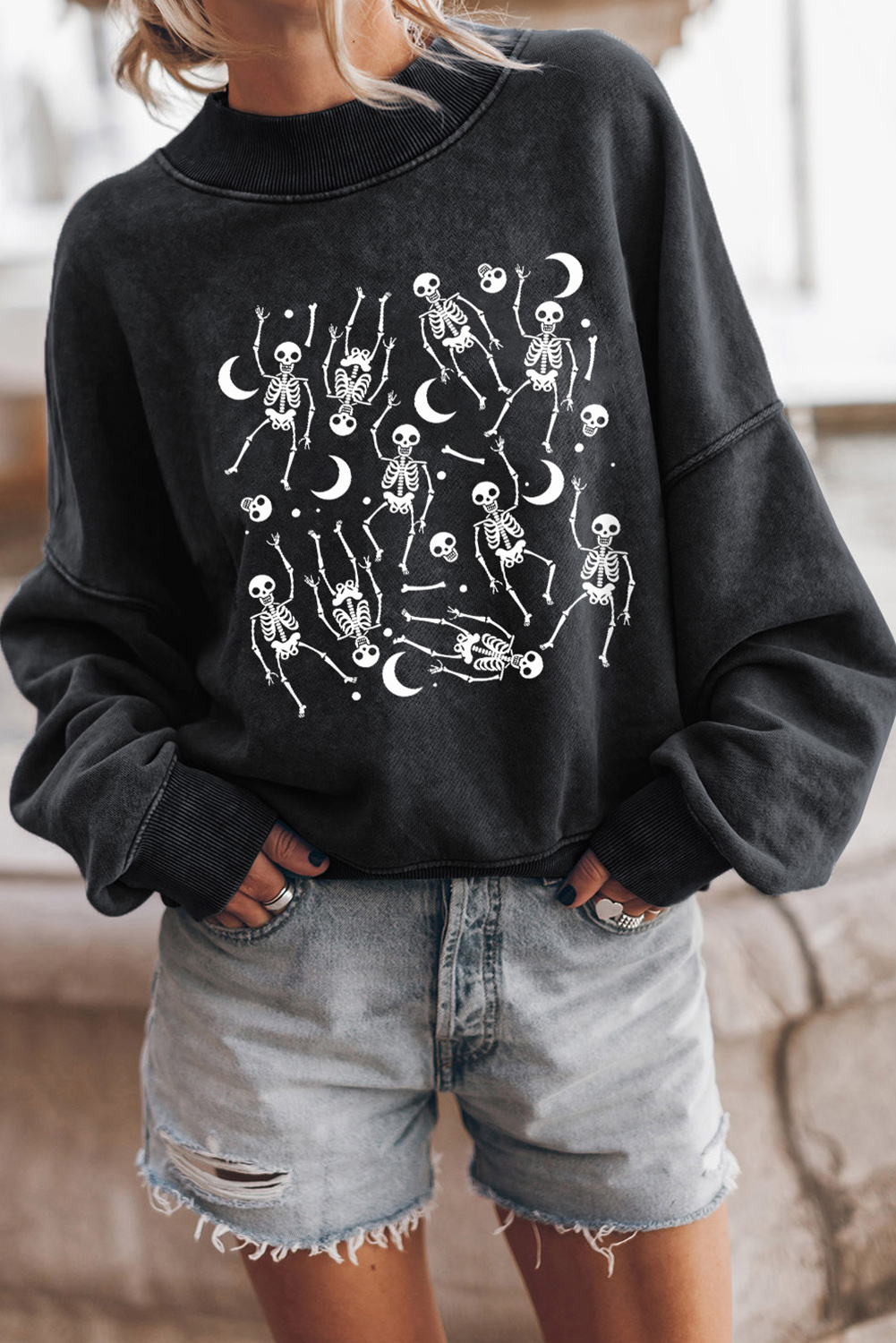 $ 15.95 - Black Halloween Skeleton Print Drop Sleeve Pullover ...