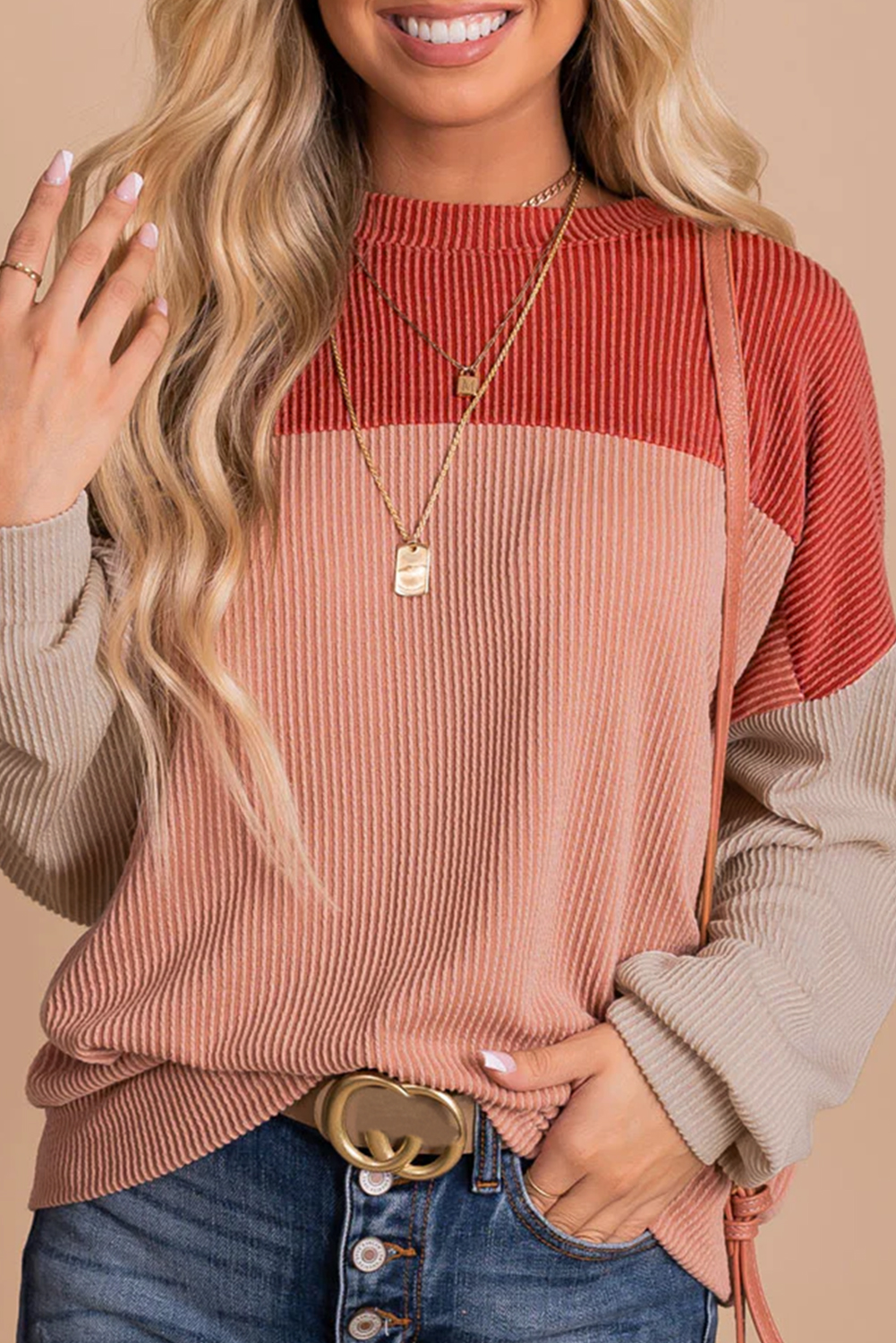 $ 11.7 - Fiery Red Color Block Long Sleeve Ribbed Loose Top - ds.dear ...
