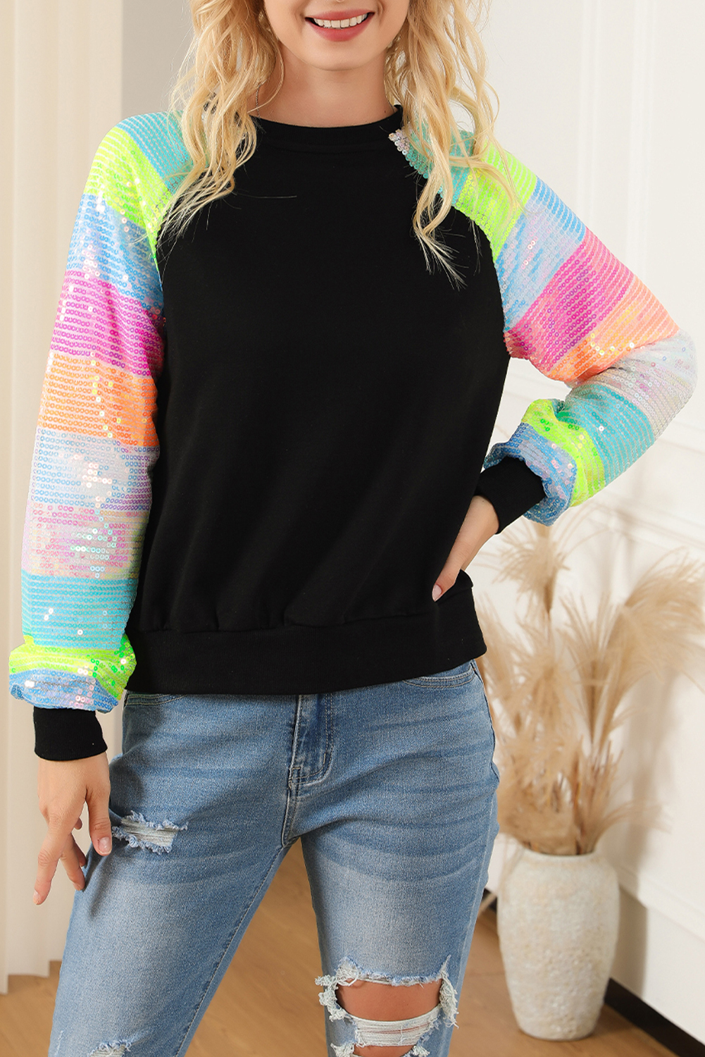 $ 15.65 - Black Sequin Color Block Raglan Sleeve Pullover Sweatshirt ...